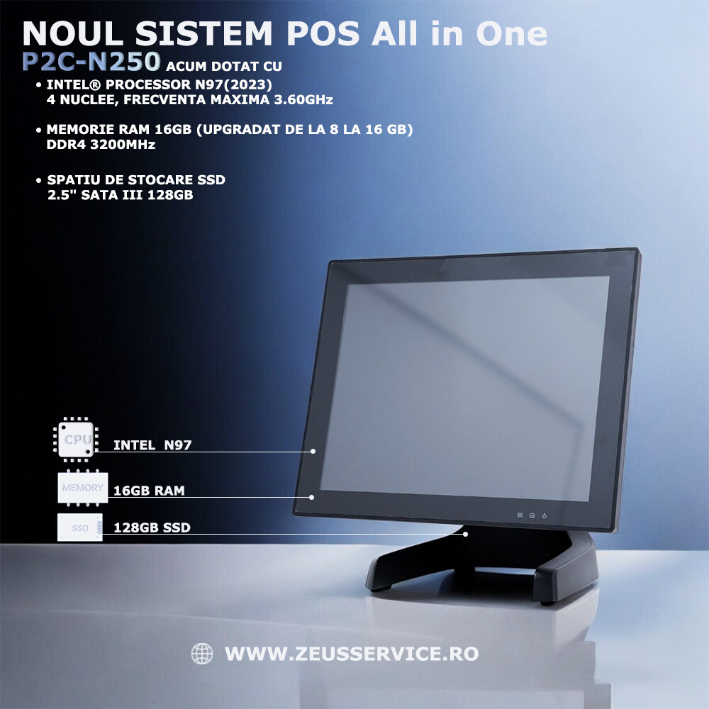 POS All in One 15" model P2C seria N250 cu procesor Intel N97, 16BG DDR si 128GB SSD - GRI